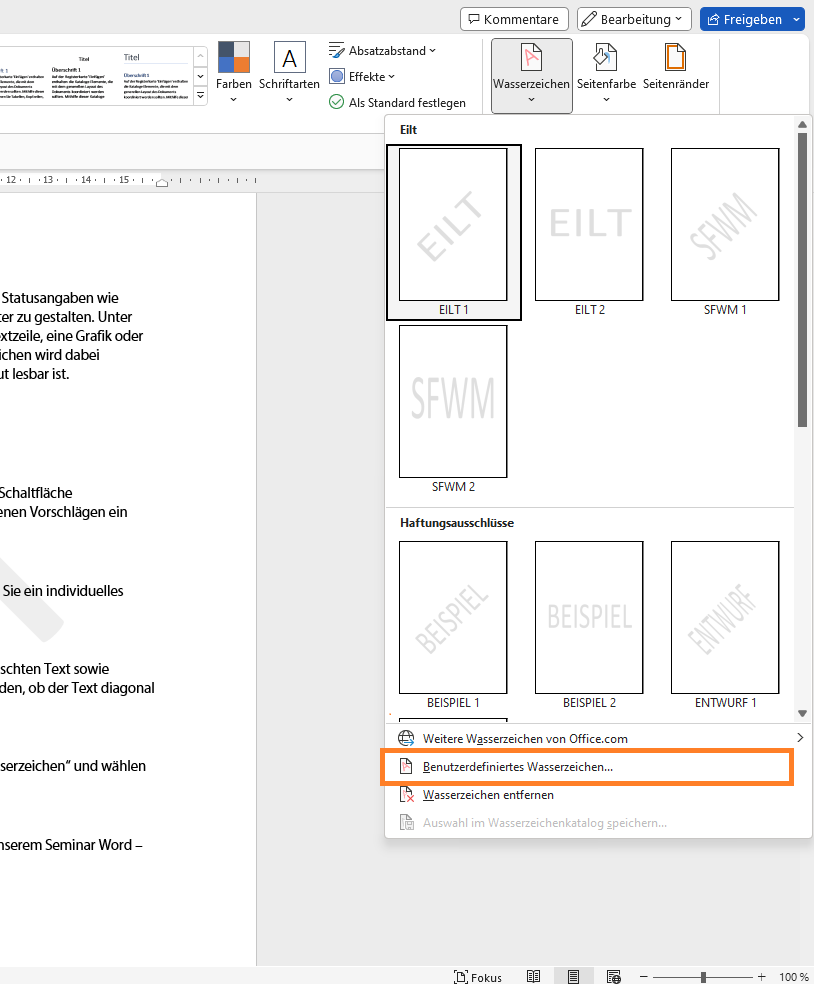 Word Wasserzeichen einfügen | PCS Campus