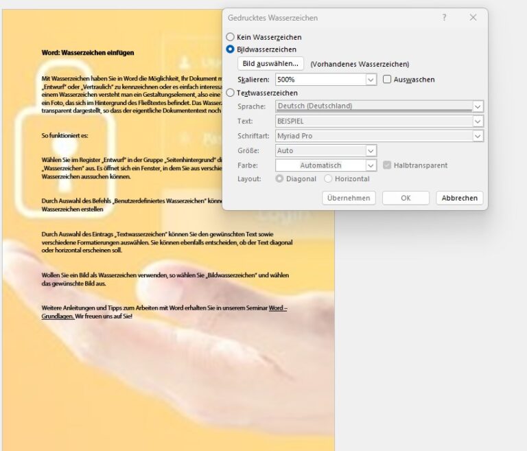 Word Wasserzeichen einfügen | PCS Campus