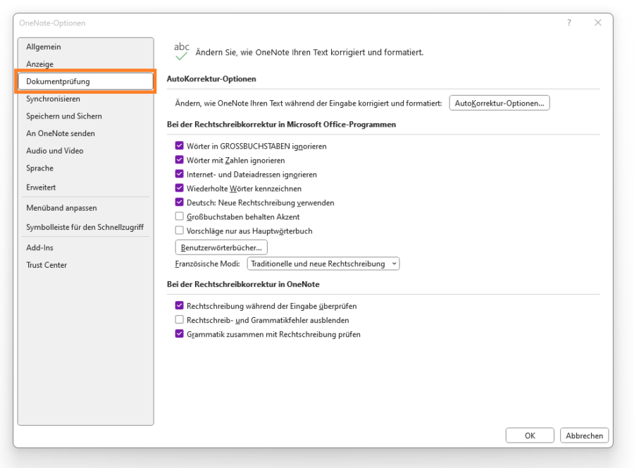 OneNote Rechtschreibprüfung abschalten | PCS Campus